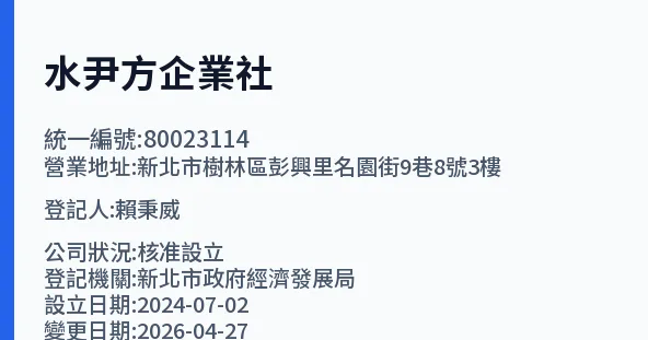 水尹方企業社的照片-統編 80023114(新北市) 公司登記資料與營業項目詳細圖表