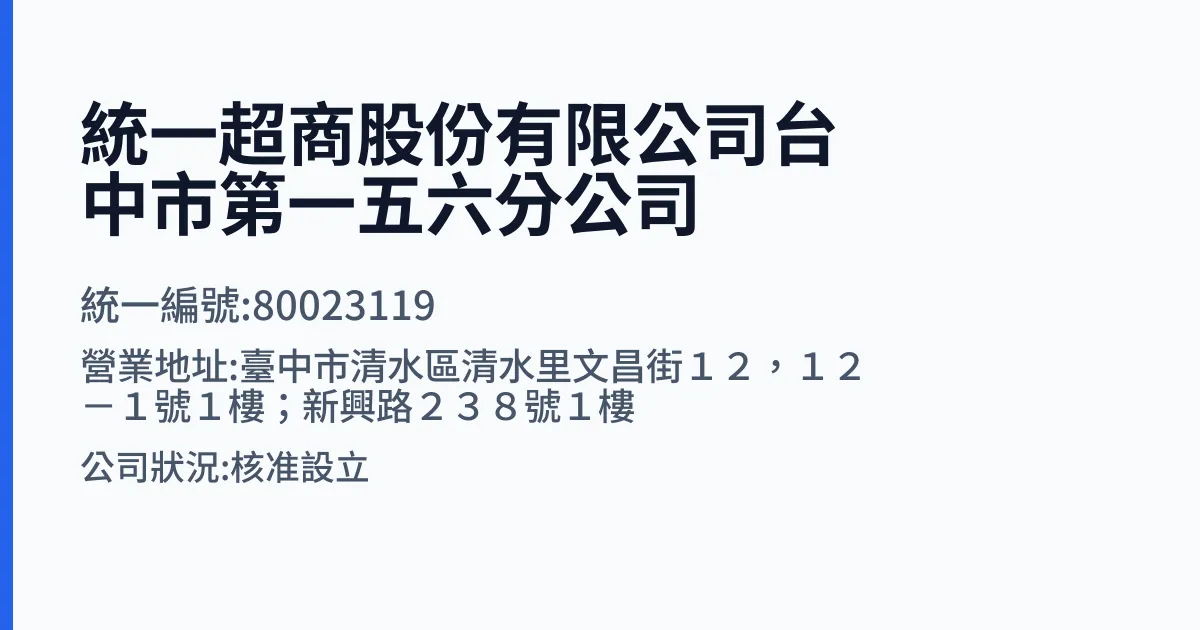 統一超商股份有限公司台中市第一五六分公司 - 統編 80023119(臺中市) 公司登記資料與營業項目詳細圖表