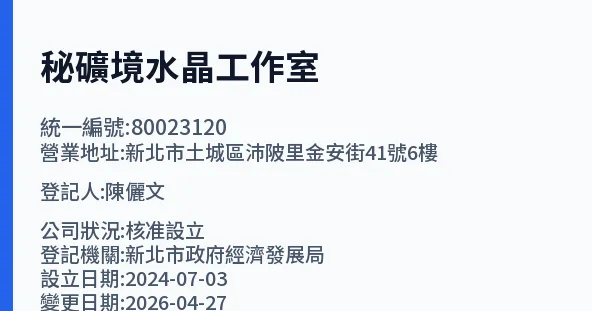 秘礦境水晶工作室的照片-統編 80023120(新北市) 公司登記資料與營業項目詳細圖表