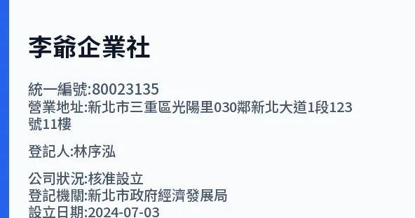 李爺企業社的照片-統編 80023135(新北市) 公司登記資料與營業項目詳細圖表
