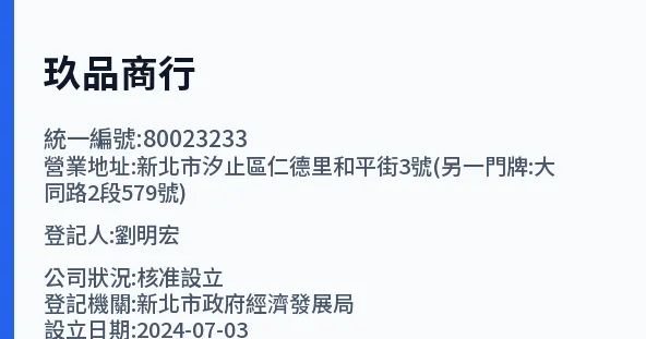 玖品商行的照片-統編 80023233(新北市) 公司登記資料與營業項目詳細圖表