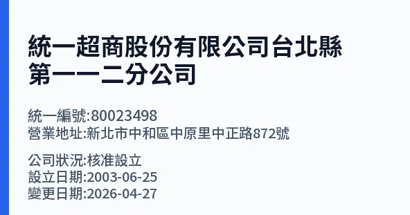 統一超商股份有限公司台北縣第一一二分公司的照片-統編 80023498(新北市) 公司登記資料與營業項目詳細圖表