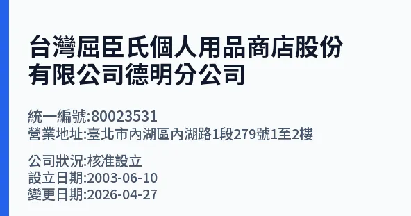 台灣屈臣氏個人用品商店股份有限公司德明分公司的照片-統編 80023531(臺北市) 公司登記資料與營業項目詳細圖表