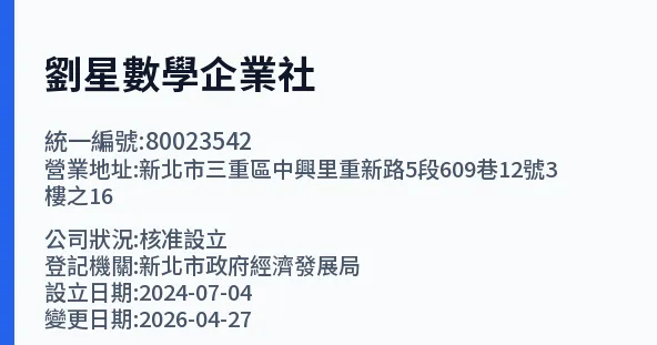 劉星數學企業社的照片-統編 80023542(新北市) 公司登記資料與營業項目詳細圖表