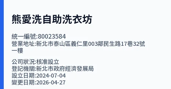 熊愛洗自助洗衣坊的照片-統編 80023584(新北市) 公司登記資料與營業項目詳細圖表