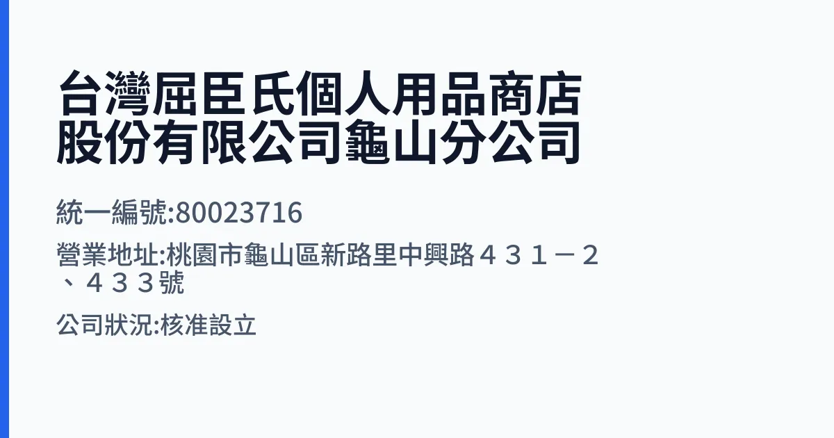 台灣屈臣氏個人用品商店股份有限公司龜山分公司 - 統編 80023716(桃園市) 公司登記資料與營業項目詳細圖表