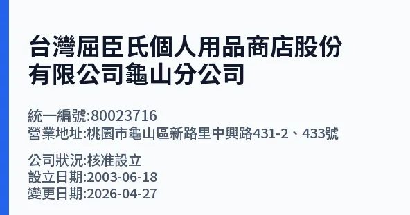 台灣屈臣氏個人用品商店股份有限公司龜山分公司的照片-統編 80023716(桃園市) 公司登記資料與營業項目詳細圖表