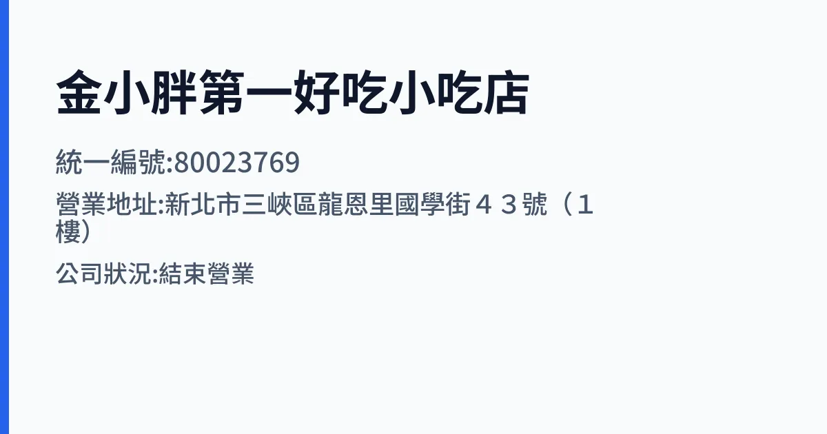 金小胖第一好吃小吃店 - 統編 80023769(新北市) 公司登記資料與營業項目詳細圖表