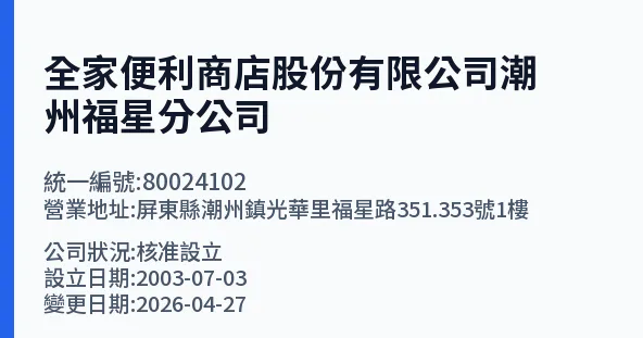 全家便利商店股份有限公司潮州福星分公司的照片-統編 80024102(屏東縣) 公司登記資料與營業項目詳細圖表