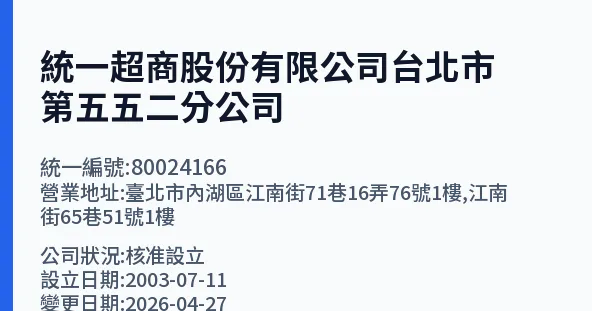 統一超商股份有限公司台北市第五五二分公司的照片-統編 80024166(臺北市) 公司登記資料與營業項目詳細圖表
