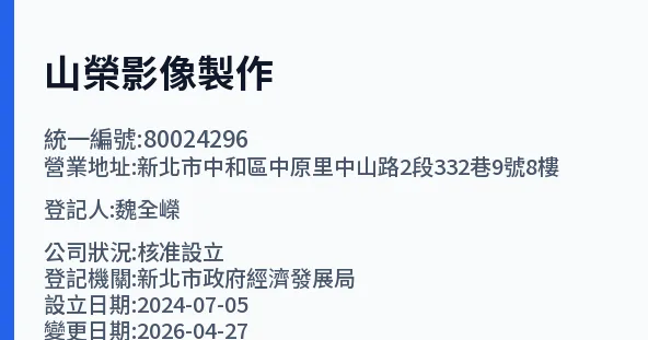 山榮影像製作的照片-統編 80024296(新北市) 公司登記資料與營業項目詳細圖表
