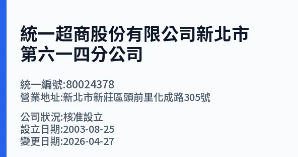 統一超商股份有限公司新北市第六一四分公司的照片-統編 80024378(新北市) 公司登記資料與營業項目詳細圖表