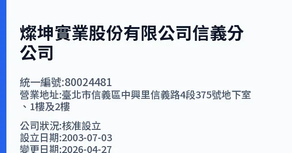 燦坤實業股份有限公司信義分公司的照片-統編 80024481(臺北市) 公司登記資料與營業項目詳細圖表