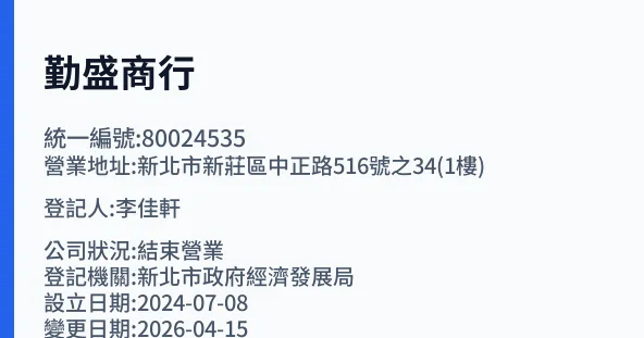 勤盛商行的照片-統編 80024535(新北市) 公司登記資料與營業項目詳細圖表