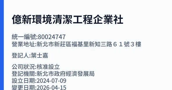 億新環境清潔工程企業社的照片-統編 80024747(新北市) 公司登記資料與營業項目詳細圖表