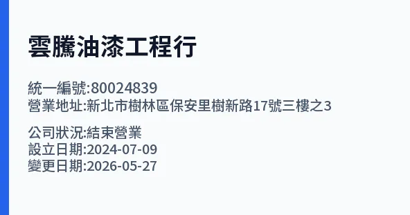 雲騰油漆工程行的照片-統編 80024839(新北市) 公司登記資料與營業項目詳細圖表