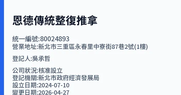 恩德傳統整復推拿的照片-統編 80024893(新北市) 公司登記資料與營業項目詳細圖表