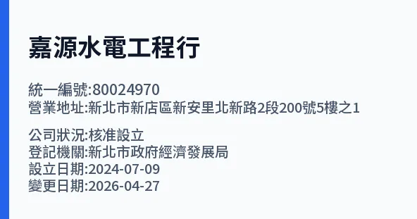 嘉源水電工程行的照片-統編 80024970(新北市) 公司登記資料與營業項目詳細圖表