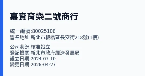 嘉寶育樂二號商行的照片-統編 80025106(新北市) 公司登記資料與營業項目詳細圖表