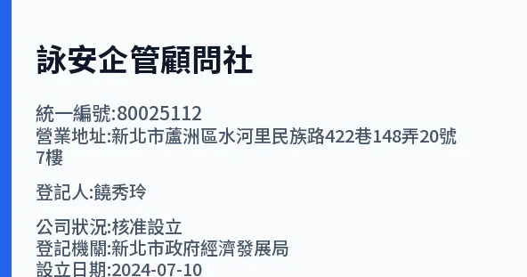 詠安企管顧問社的照片-統編 80025112(新北市) 公司登記資料與營業項目詳細圖表