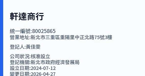 軒達商行的照片-統編 80025865(新北市) 公司登記資料與營業項目詳細圖表