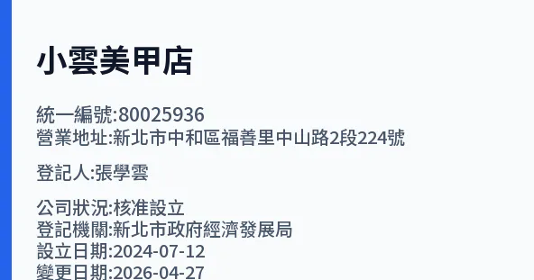 小雲美甲店的照片-統編 80025936(新北市) 公司登記資料與營業項目詳細圖表