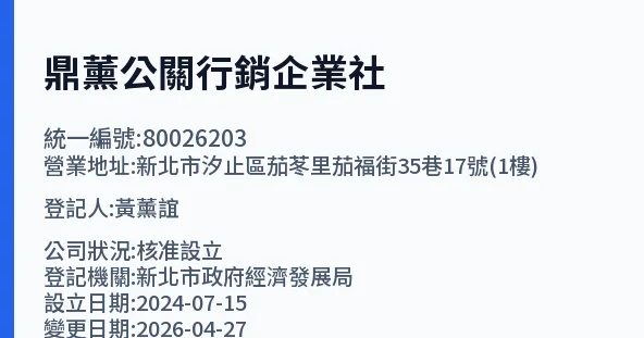 鼎薰公關行銷企業社的照片-統編 80026203(新北市) 公司登記資料與營業項目詳細圖表
