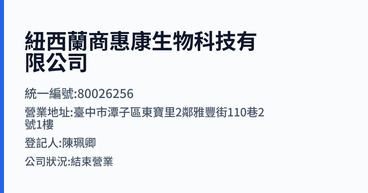 紐西蘭商惠康生物科技有限公司 - 統編 80026256(臺中市) 公司登記資料與營業項目詳細圖表
