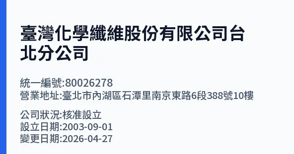 臺灣化學纖維股份有限公司台北分公司的照片-統編 80026278(臺北市) 公司登記資料與營業項目詳細圖表