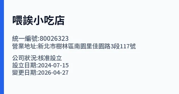 喂誒小吃店的照片-統編 80026323(新北市) 公司登記資料與營業項目詳細圖表