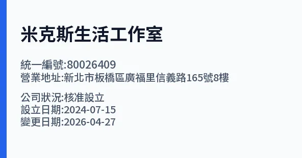 米克斯生活工作室的照片-統編 80026409(新北市) 公司登記資料與營業項目詳細圖表
