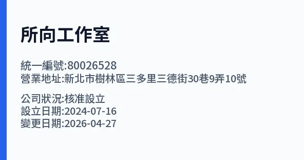 所向工作室的照片-統編 80026528(新北市) 公司登記資料與營業項目詳細圖表