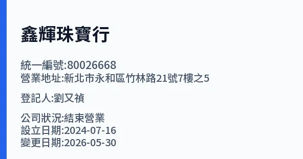 鑫輝珠寶行的照片-統編 80026668(新北市) 公司登記資料與營業項目詳細圖表