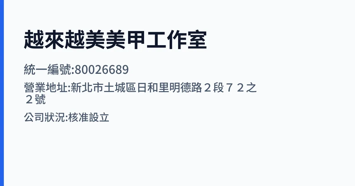 越來越美美甲工作室 - 統編 80026689(新北市) 公司登記資料與營業項目詳細圖表