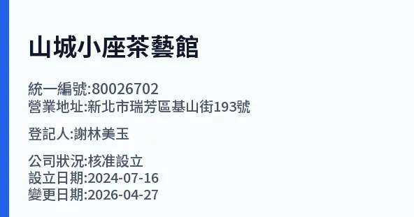 山城小座茶藝館的照片-統編 80026702(新北市) 公司登記資料與營業項目詳細圖表