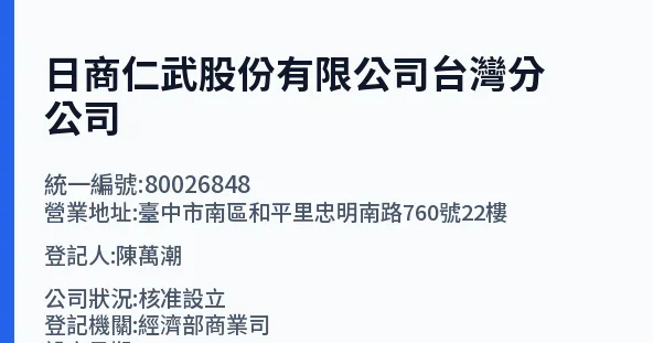 日商仁武股份有限公司台灣分公司的照片-統編 80026848(臺中市) 公司登記資料與營業項目詳細圖表