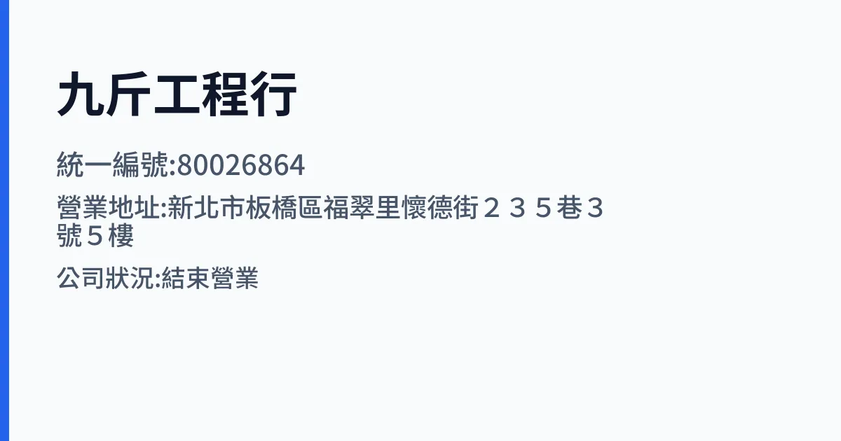 九斤工程行 - 統編 80026864(新北市) 公司登記資料與營業項目詳細圖表