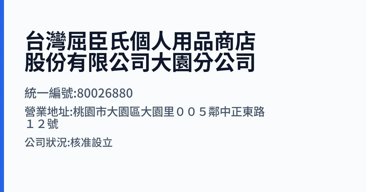 台灣屈臣氏個人用品商店股份有限公司大園分公司 - 統編 80026880(桃園市) 公司登記資料與營業項目詳細圖表