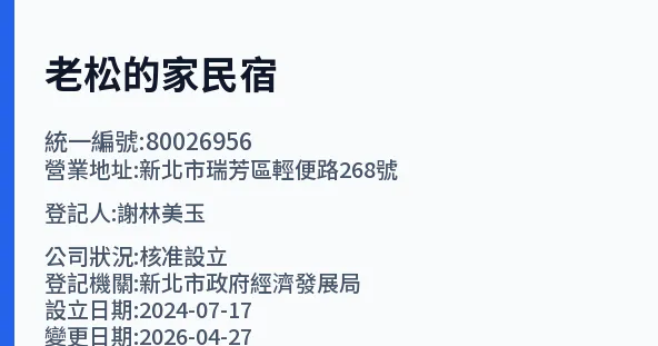 老松的家民宿的照片-統編 80026956(新北市) 公司登記資料與營業項目詳細圖表