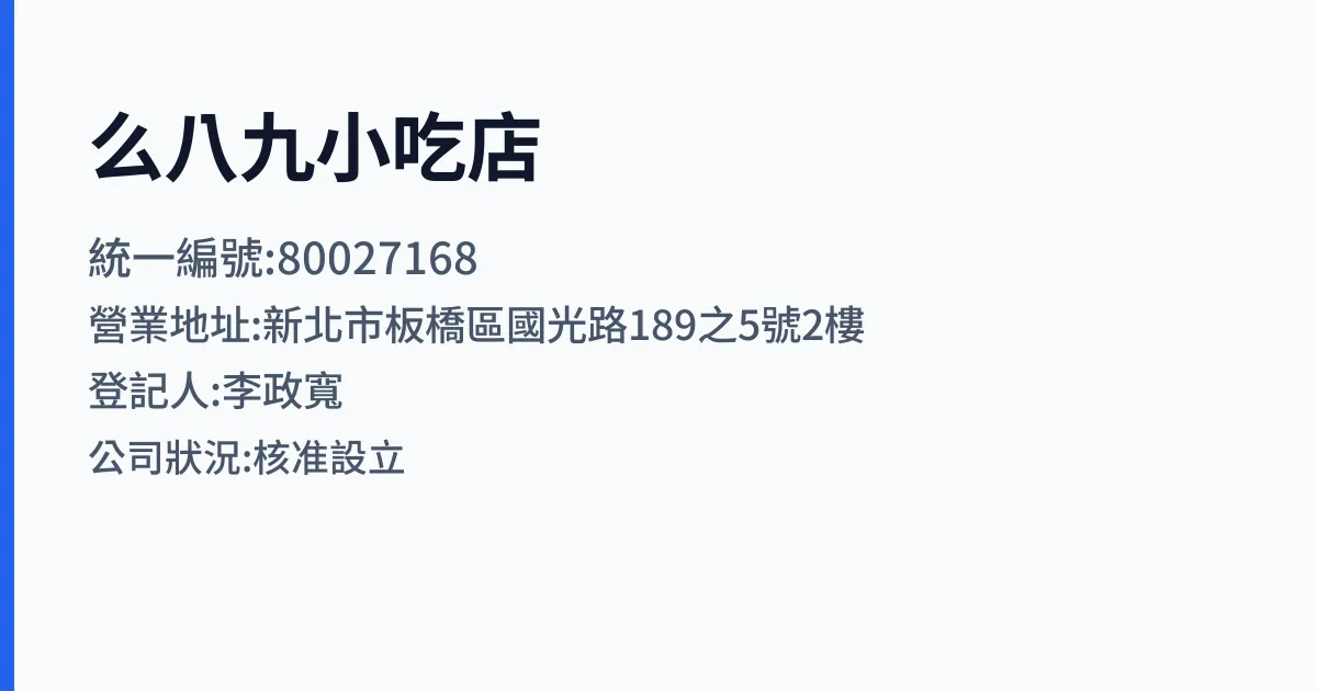 么八九小吃店 - 統編 80027168(新北市) 公司登記資料與營業項目詳細圖表