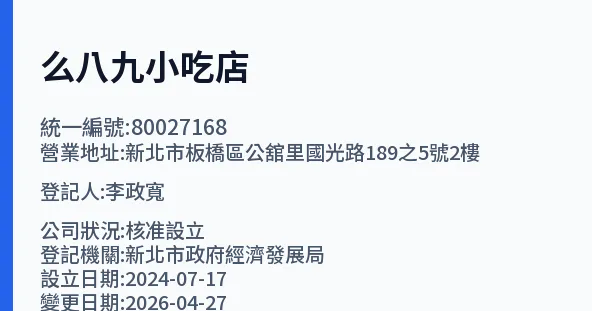 么八九小吃店的照片-統編 80027168(新北市) 公司登記資料與營業項目詳細圖表