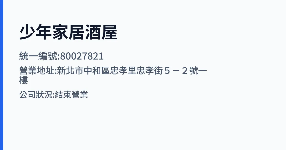 少年家居酒屋 - 統編 80027821(新北市) 公司登記資料與營業項目詳細圖表