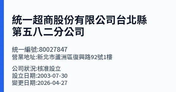 統一超商股份有限公司台北縣第五八二分公司的照片-統編 80027847(新北市) 公司登記資料與營業項目詳細圖表