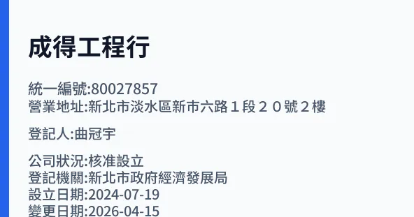 成得工程行的照片-統編 80027857(新北市) 公司登記資料與營業項目詳細圖表