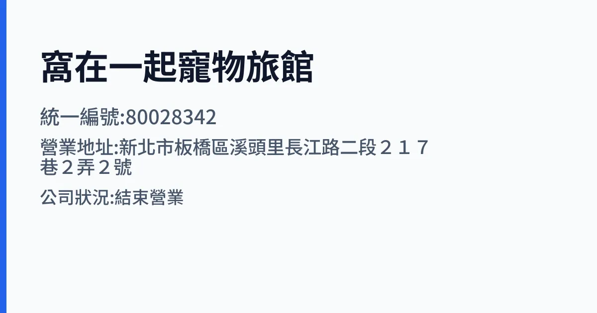 窩在一起寵物旅館 - 統編 80028342（新北市） 公司登記資料與營業項目詳細圖表