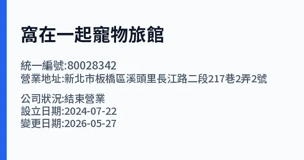 窩在一起寵物旅館的照片-統編 80028342(新北市) 公司登記資料與營業項目詳細圖表