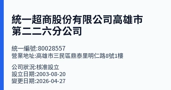 統一超商股份有限公司高雄市第二二六分公司的照片-統編 80028557(高雄市) 公司登記資料與營業項目詳細圖表
