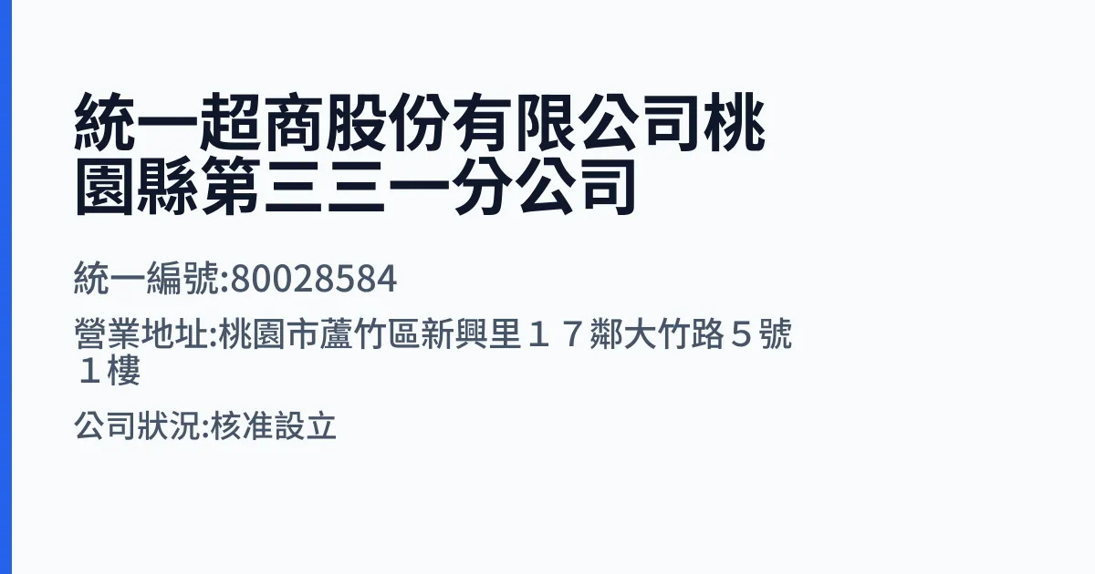 統一超商股份有限公司桃園縣第三三一分公司 - 統編 80028584(桃園市) 公司登記資料與營業項目詳細圖表