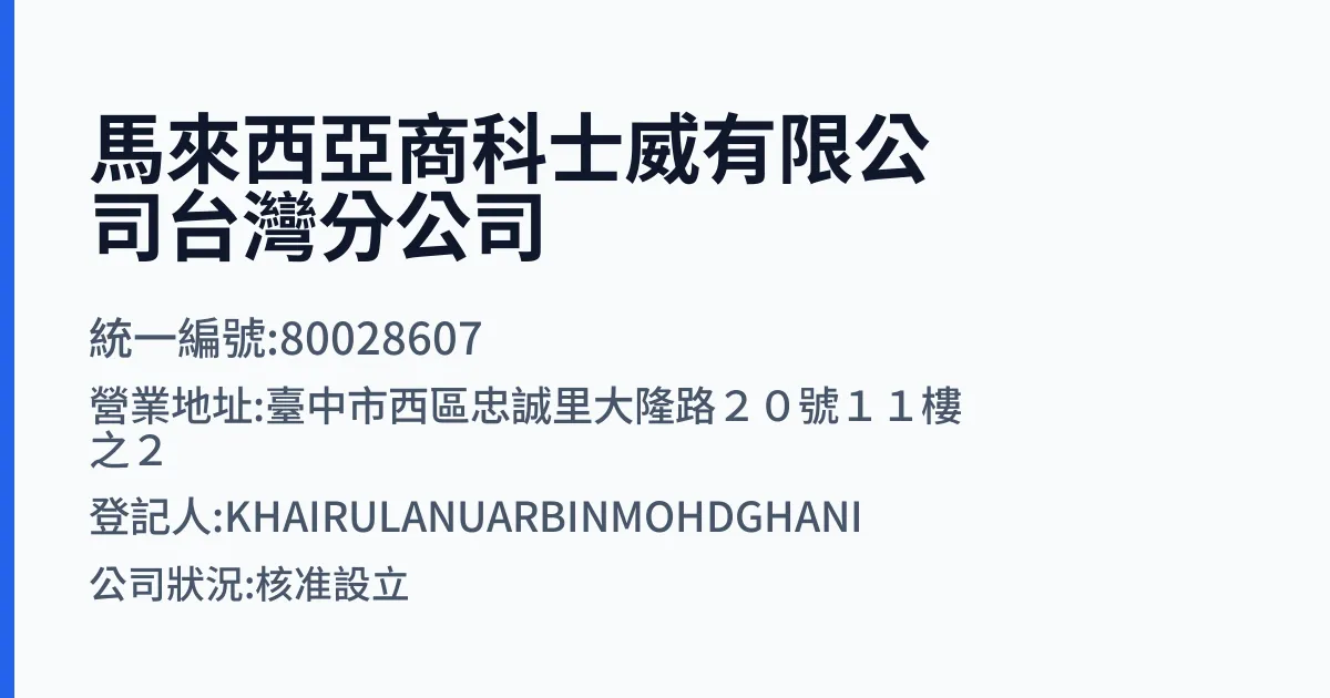 馬來西亞商科士威有限公司台灣分公司 - 統編 80028607(臺中市) 公司登記資料與營業項目詳細圖表