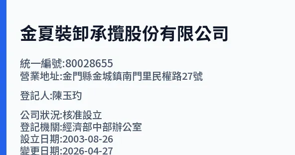金夏裝卸承攬股份有限公司的照片-統編 80028655(金門縣) 公司登記資料與營業項目詳細圖表